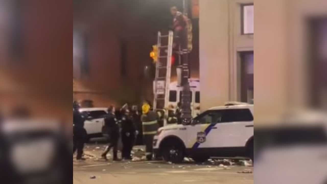 Triumphant Phillies Fan Climbs Street Pole, Gets Stuck (Video) | Bucks ...
