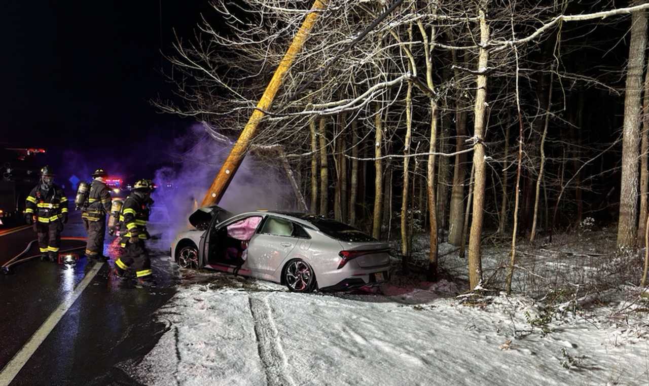 Kia Cracks Utility Pole, Bursts Into Flames After Hitting Icy Patch In ...