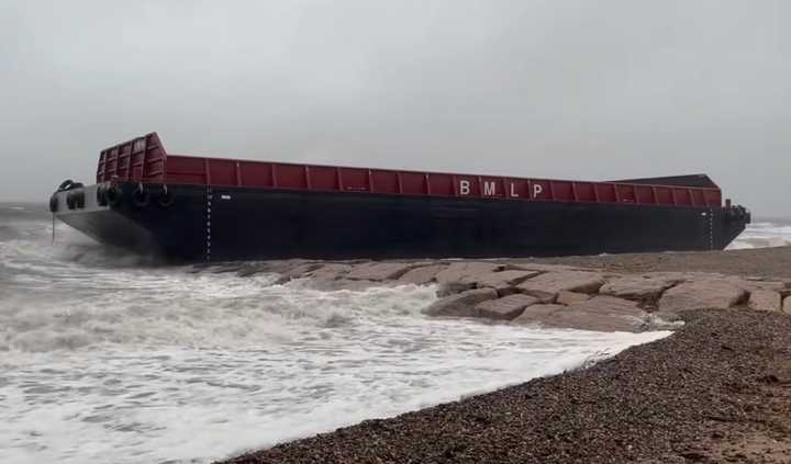 Huge Barges Run Aground On Milford Beach; Coast Guard Working To Remove ...