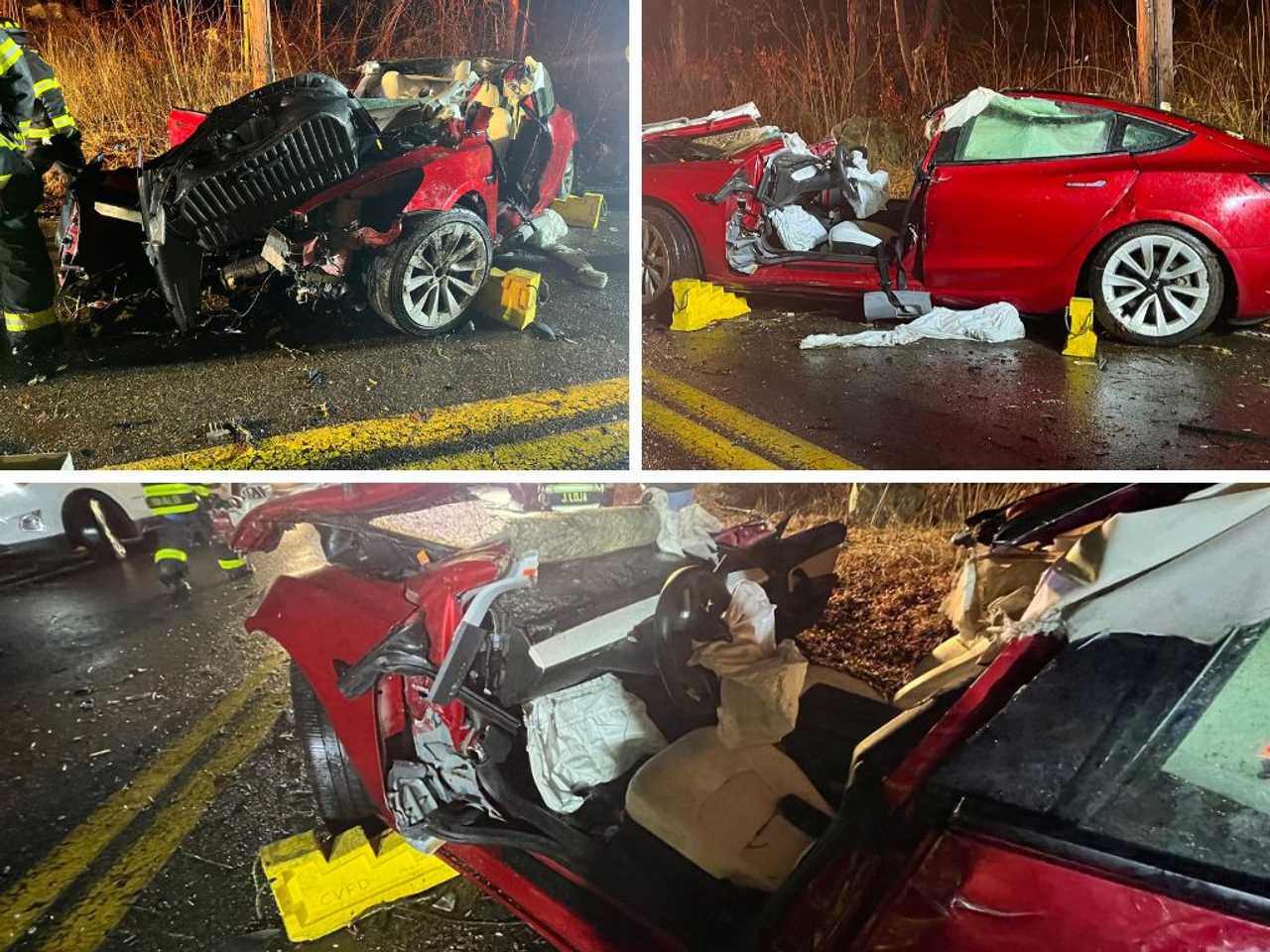 Tesla Left Mangled In Tree Collision In Hudson Valley: 3 Injured ...